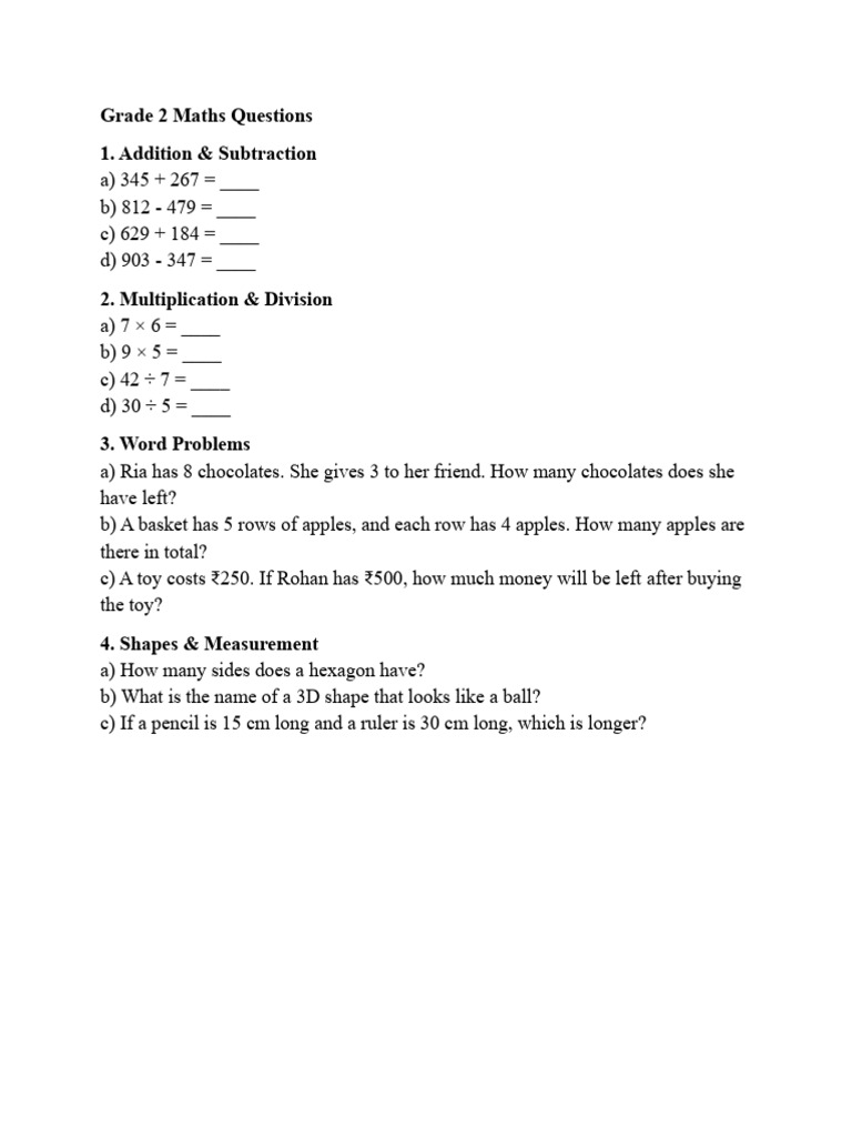 Grade 2 Maths Questions (1) | PDF