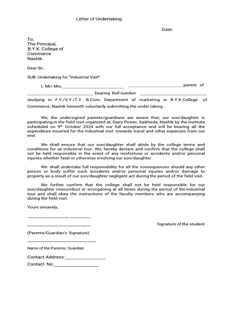 Industrial Visit Undertaking Letter | PDF