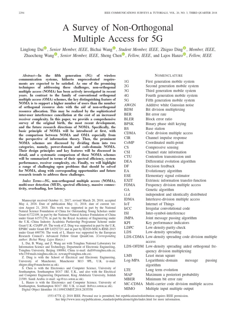 A Survey of Non-Orthogonal Multiple Access For 5G | PDF | Channel Access Method | Mimo