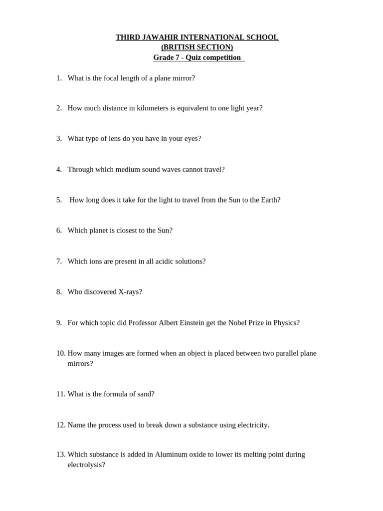Grade 7 Science Quiz Questions | PDF