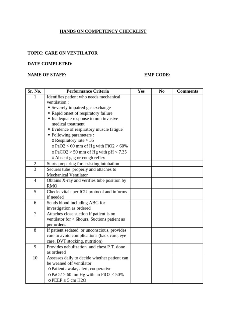 Ventilator Care Competency Checklist | PDF
