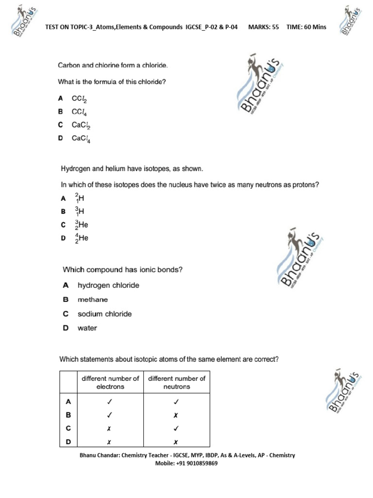 Test On Chapter-3 - Atoms, Elements and Compounds - FINAL | PDF ...