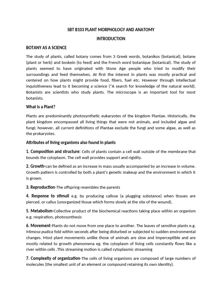 SBT B103 Plant Morphology and Anatomy - Lecture 1 | PDF | Chloroplast ...