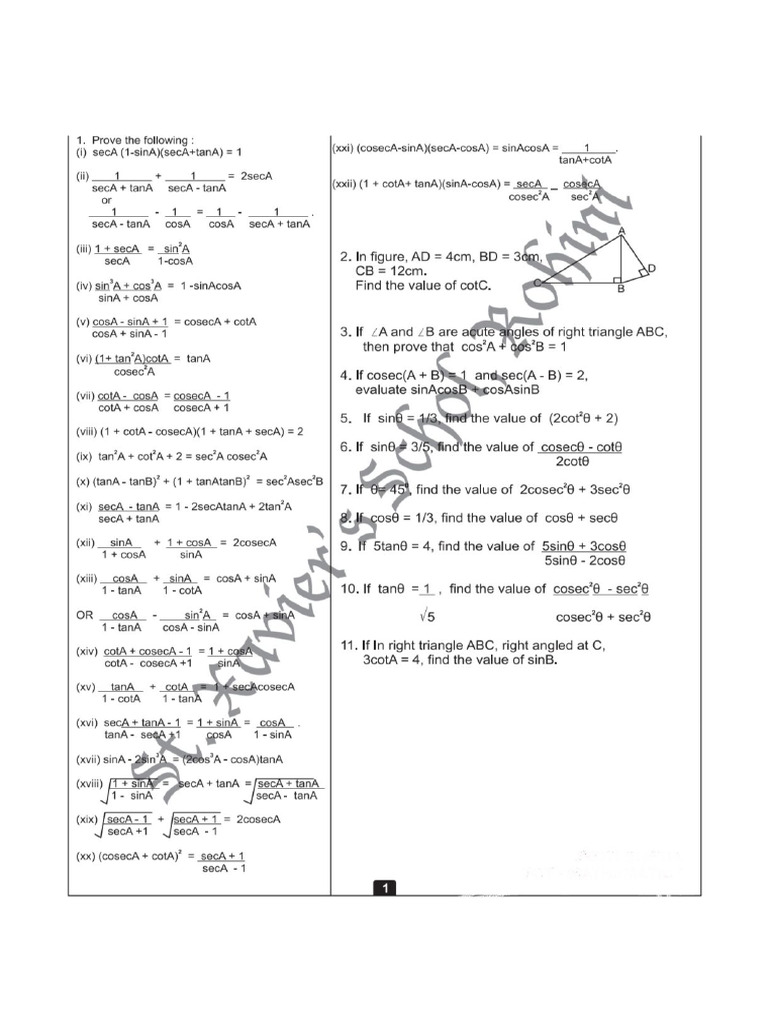 IMPORTANT QUESTIONS OF TRIGONOMETRY CLASS 10 WITH PREVIOUS YEAR ...