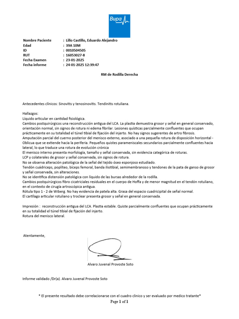 Informe RM Rodilla Derecha: Lesiones y Hallazgos | PDF | Rodilla ...