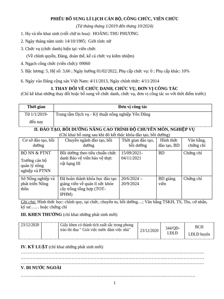 Phieu Bo Sung Ly Lich Cán B 2024 | PDF