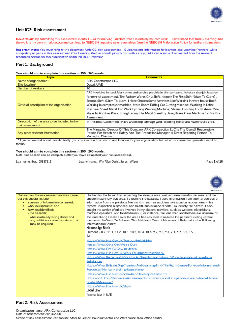 Win Allan Derick IGC 2 RISK ASSESSMENT Final | PDF | Occupational ...