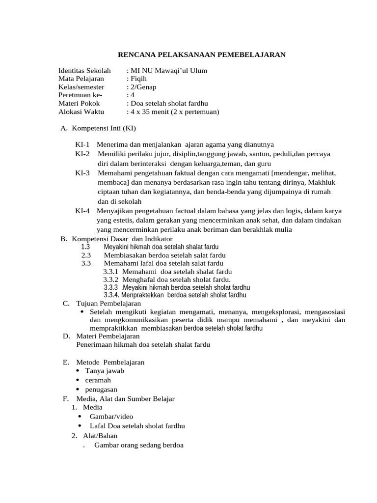 RPP Fiqih Mi Kelas 2 SMTR Ganjil (Sholat Fardu) | PDF