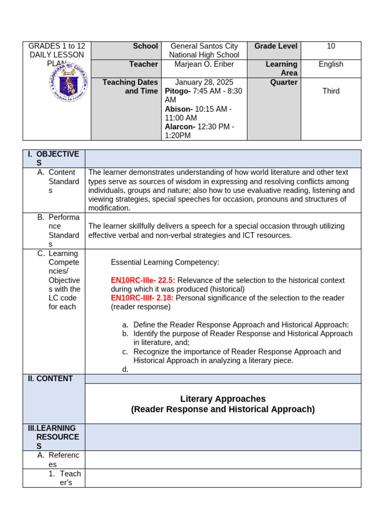 Grade 10 English Lesson Plan: Literary Approaches | PDF | Learning ...