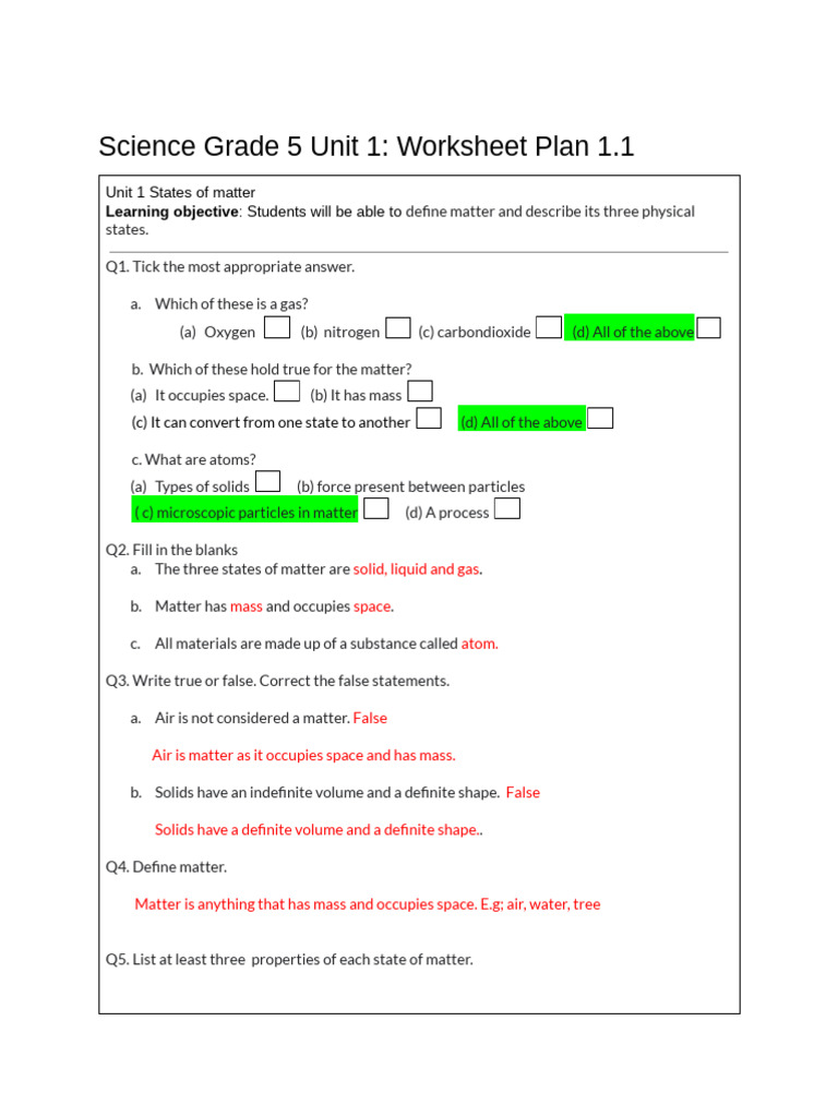 Science Grade 5 Unit 1 - L - 1 - Worksheet - AK | PDF