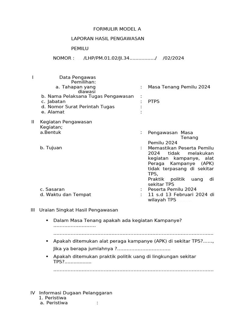 Formulir Model a Ptps Masa Tenang Copy | PDF