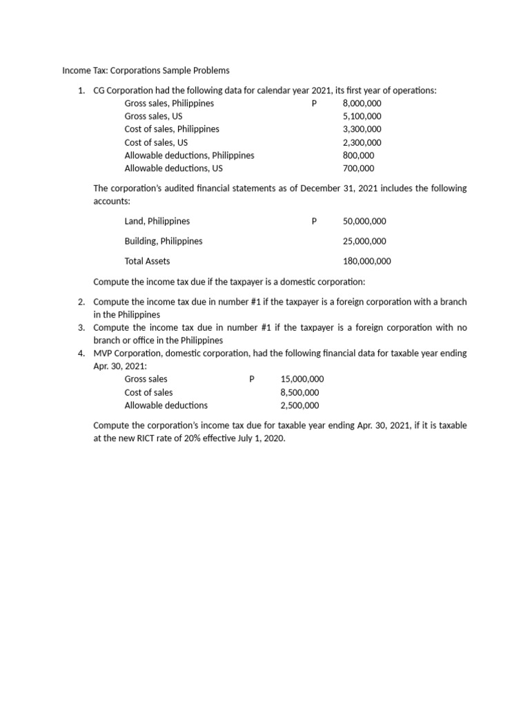 Income Tax Corporations Sample Problems PT 1 | PDF