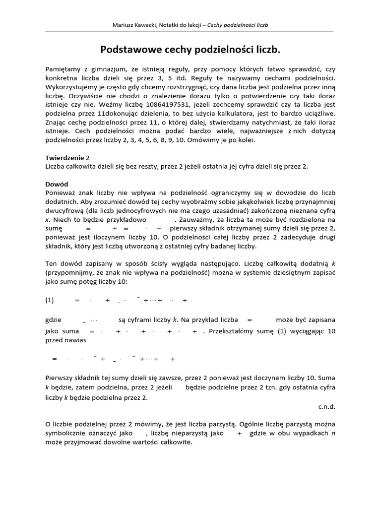 Kawecki Podstawowe Cechy Podzielności Liczb. | PDF