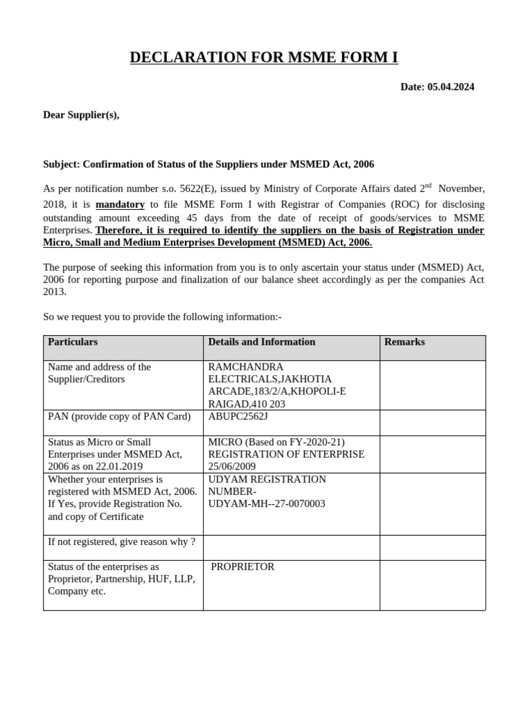MSME Declaration Letter Format | PDF | Business | Private Law
