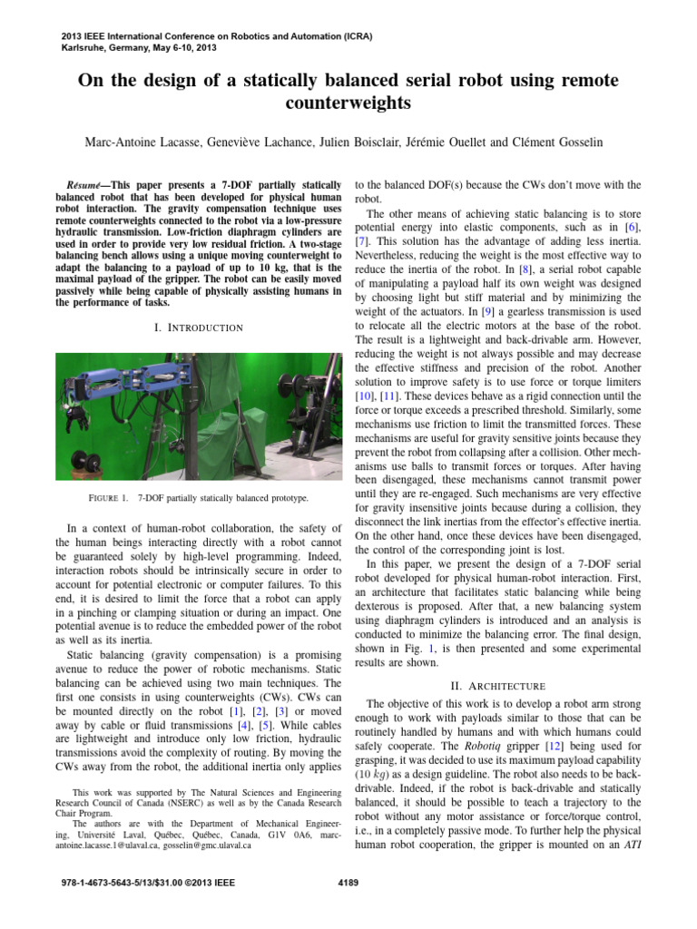 On The Design of A Statically Balanced Serial Robot Using Remote Counterweights | PDF | Force ...