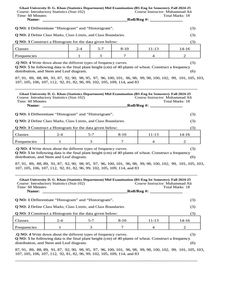 Mid (Stat-301) BS-Eng Ist Semester Fall-2024-25 | PDF | Histogram