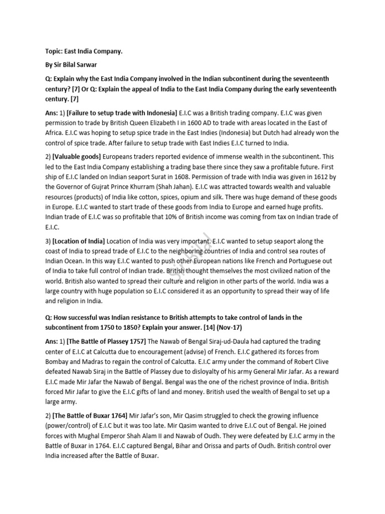 History East India Company and Short Questoins-1 | PDF