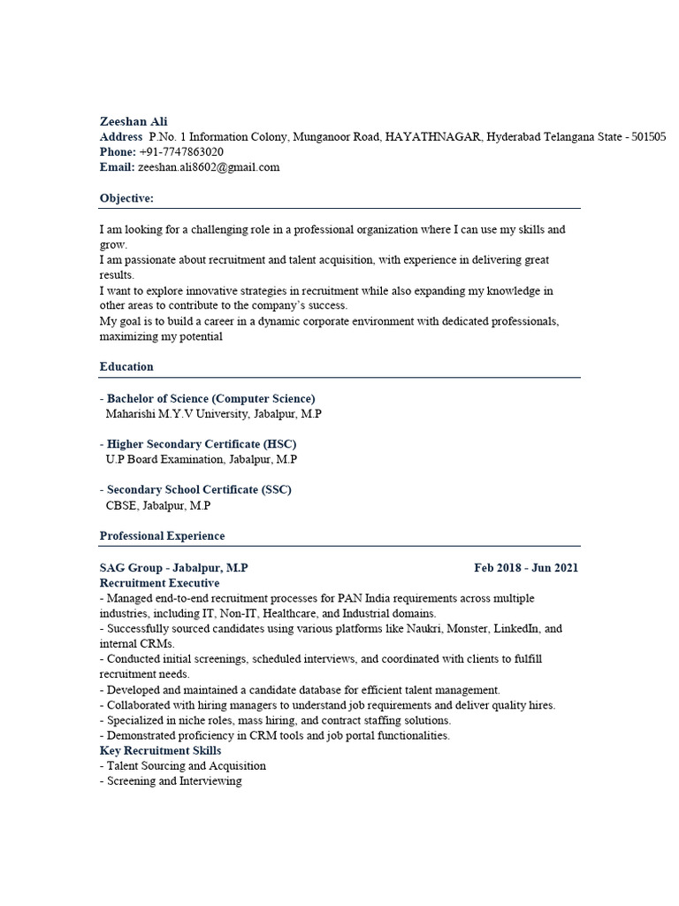 Zeeshan Resume 2025 | PDF | Recruitment | Customer Relationship Management