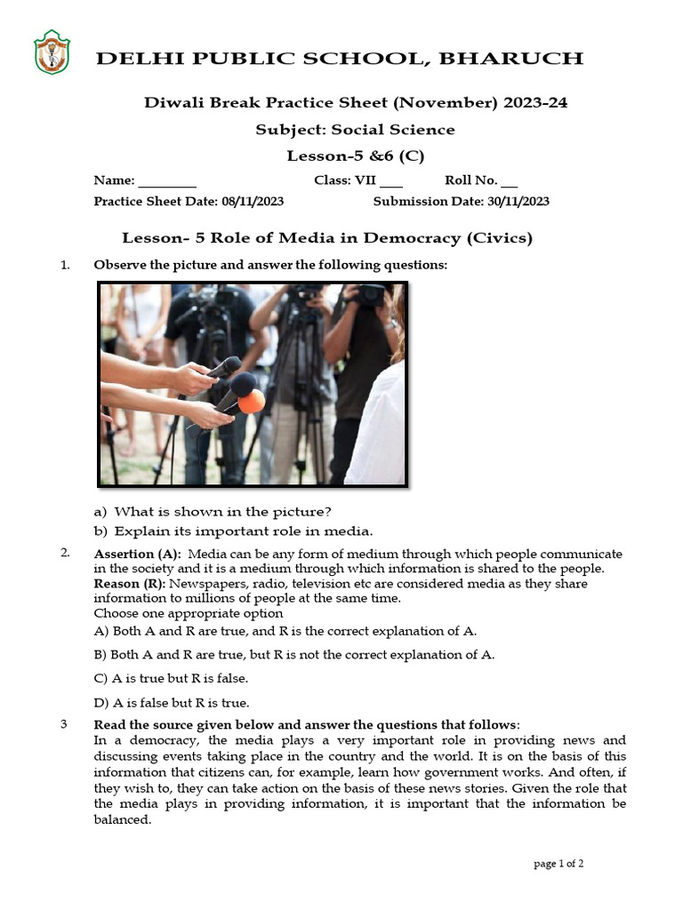 November_month_practice_sheet_class_VII_SS_3 | PDF | Mass Media | Communication