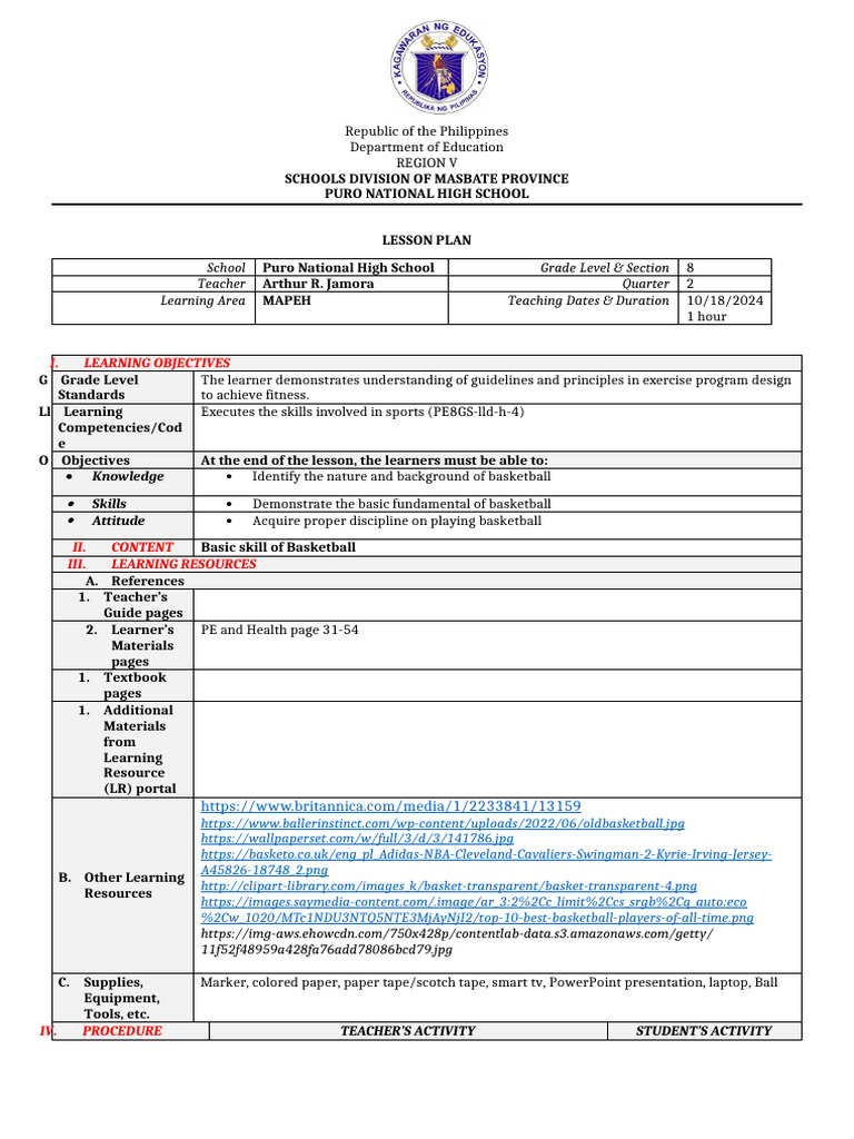 Basketball lesson plan | PDF | Sports | Ball Games