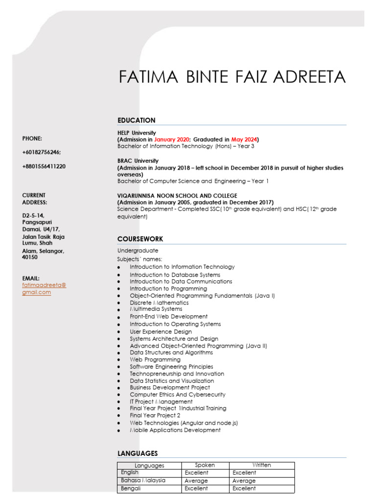 Fatima_Binte_Faiz_CV | PDF | Computer Programming | Information Technology