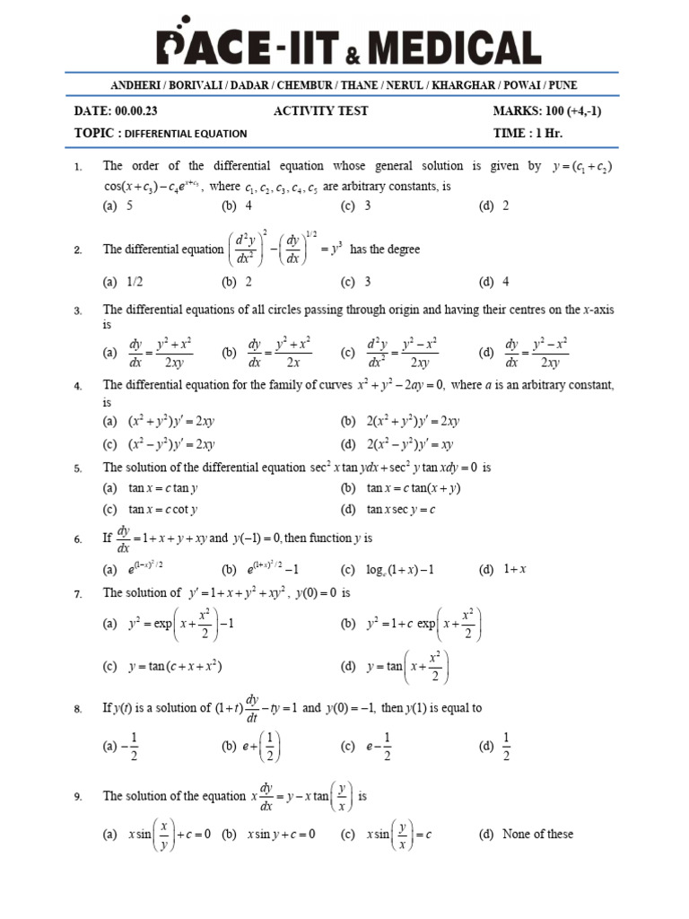 Differential Equation - Self Evaluation (15 Ques.) | PDF | Tangent | Geometry