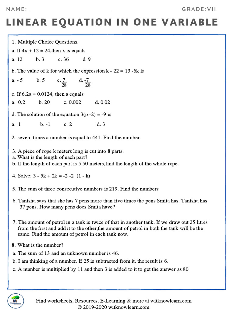 Linear Equation in One Variable Worksheet For Class 7 I Simple Linear ...