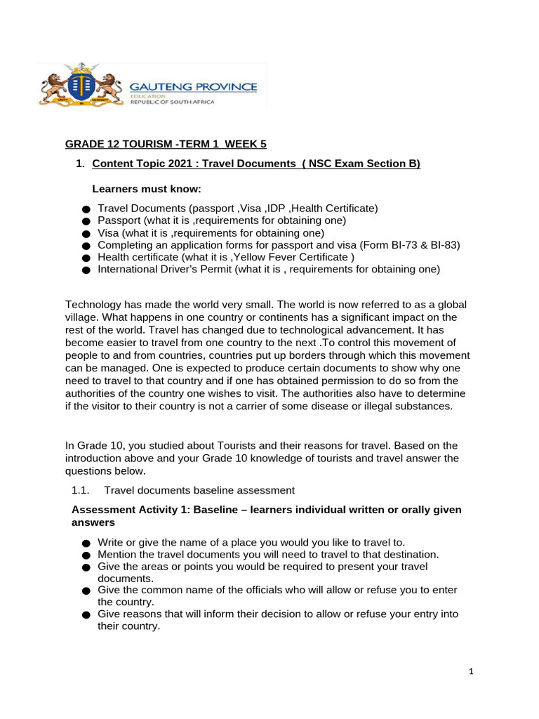 Tourism Grade 12 Study Guide | PDF | Travel Visa | Passport