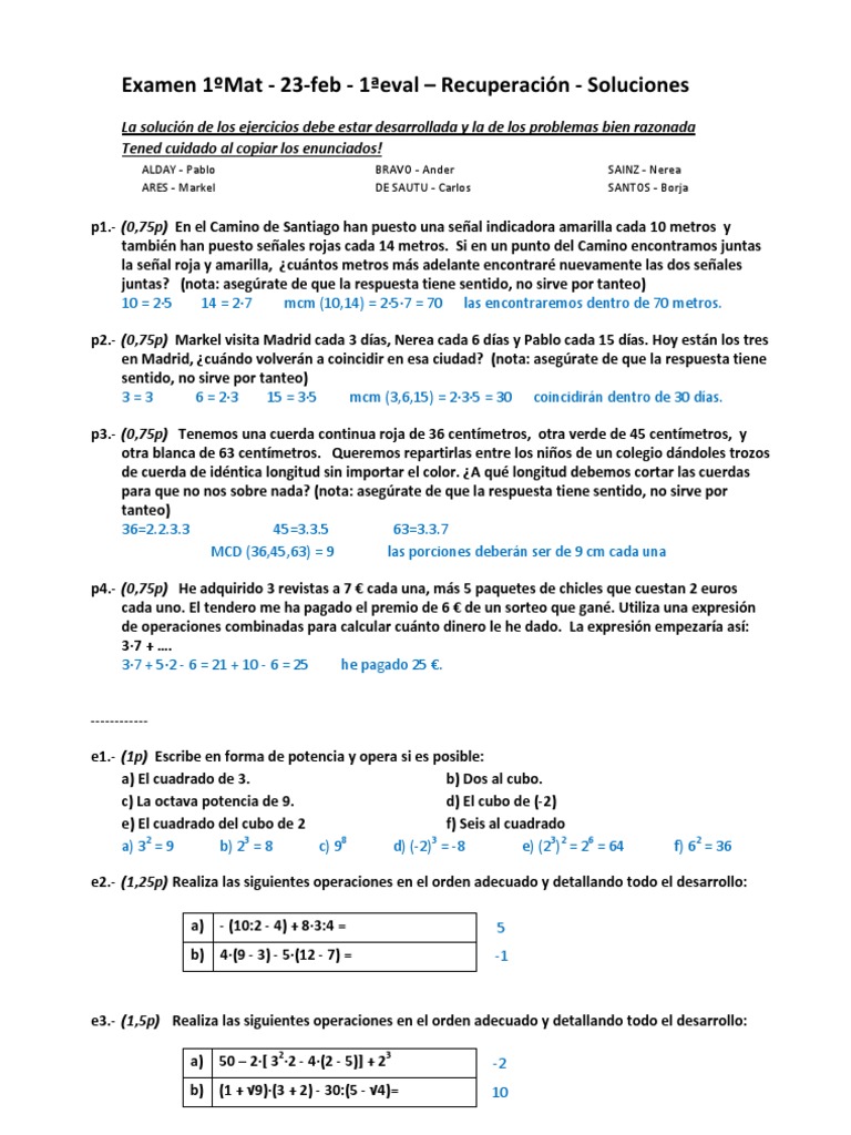 Examen 1ºmat - 23-Feb - 1 Eval - Recuperación - Soluciones | Descargar gratis PDF | Teoría de ...