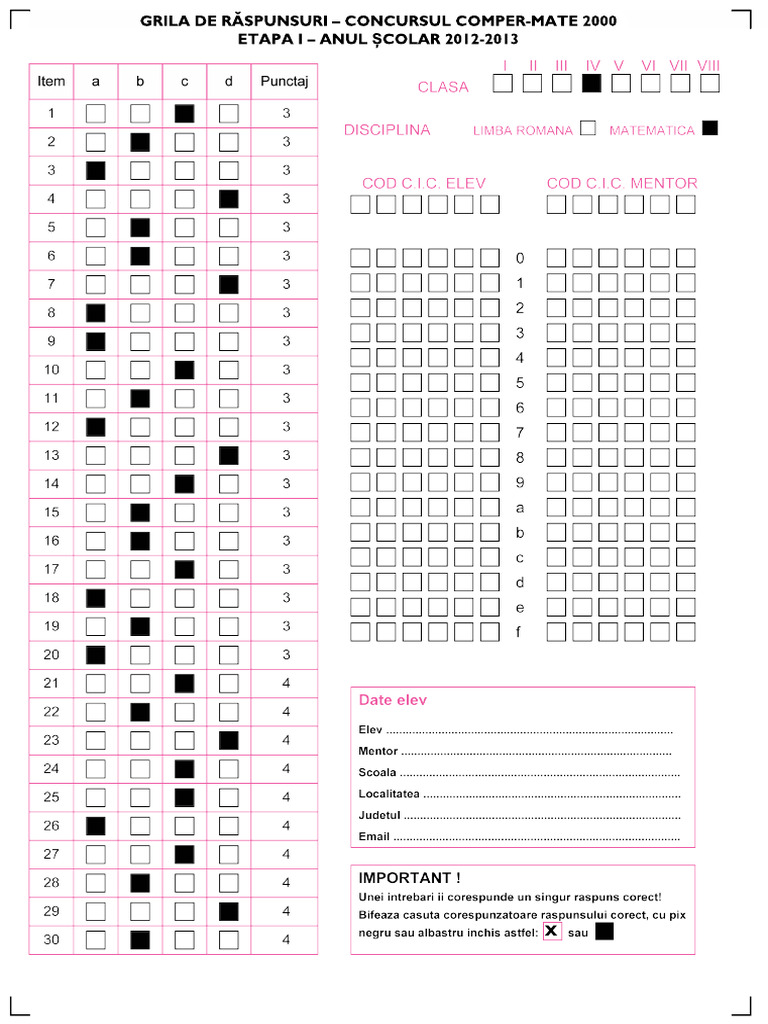 BAREM Comper Matematica EtapaI 2012 2013 clasaIV | PDF