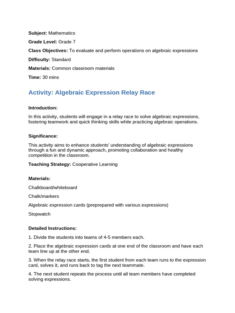 Algebraic Expression Relay Race | PDF | Mathematics | Learning