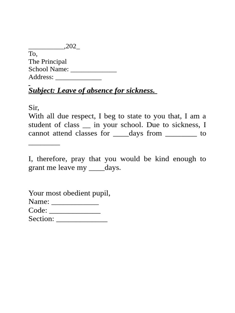 Student Sick Leave Application Template | PDF