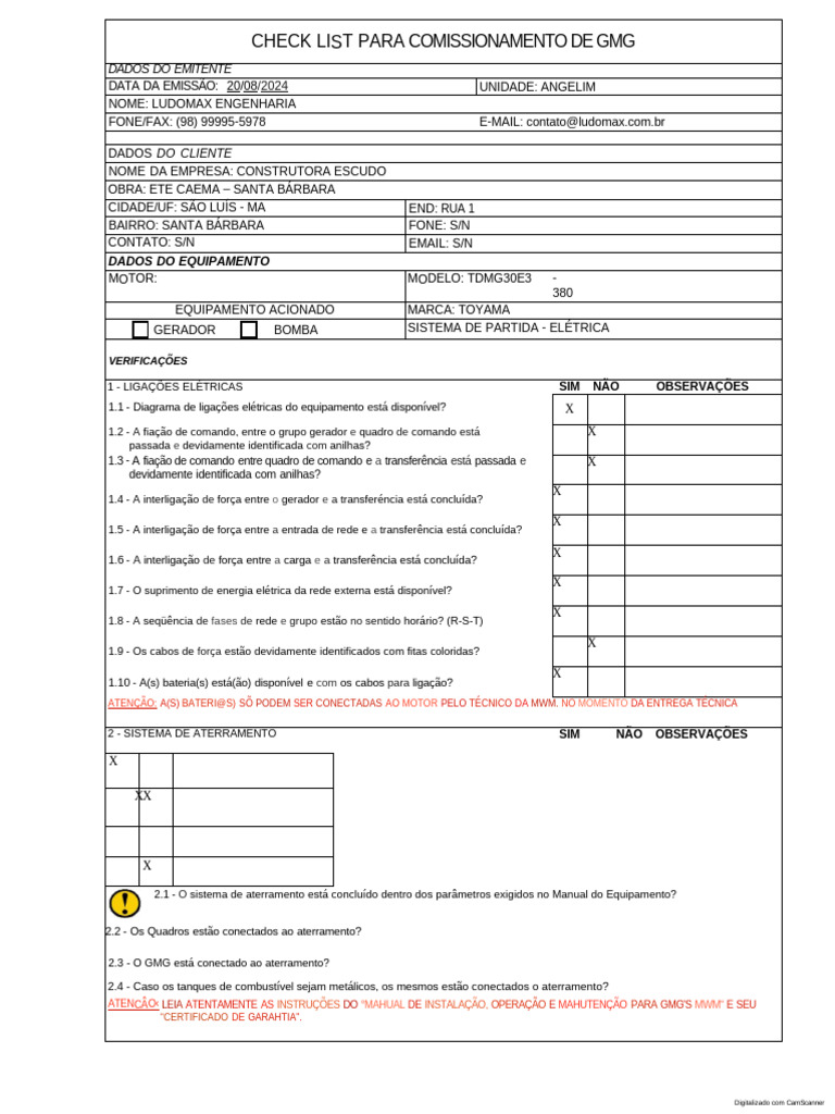 Check List Comissionamento GMG MWM | PDF