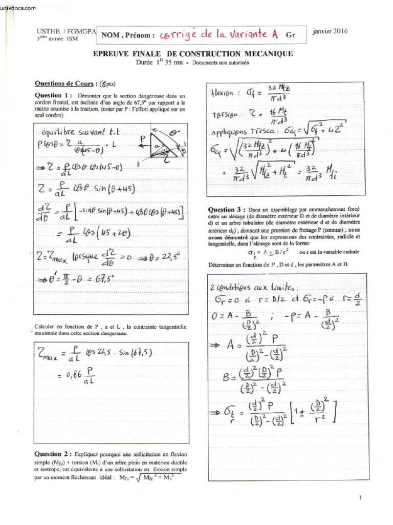 Examen3 Construction Mécanique 1 | PDF