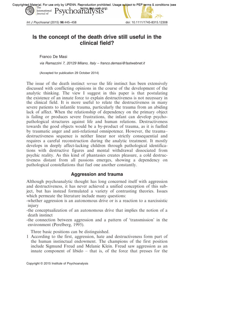 DeMasi Death Drive Clinical | PDF | Psychoanalysis | Sigmund Freud