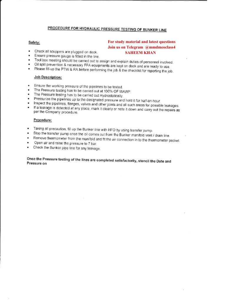 Bunker Line Pressure Testing | PDF