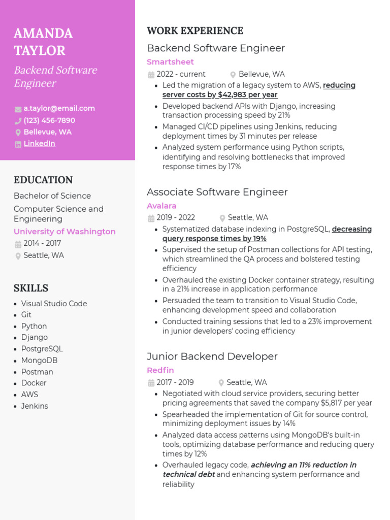 Backend Software Engineer Resume Example | PDF | Databases | Mongo Db
