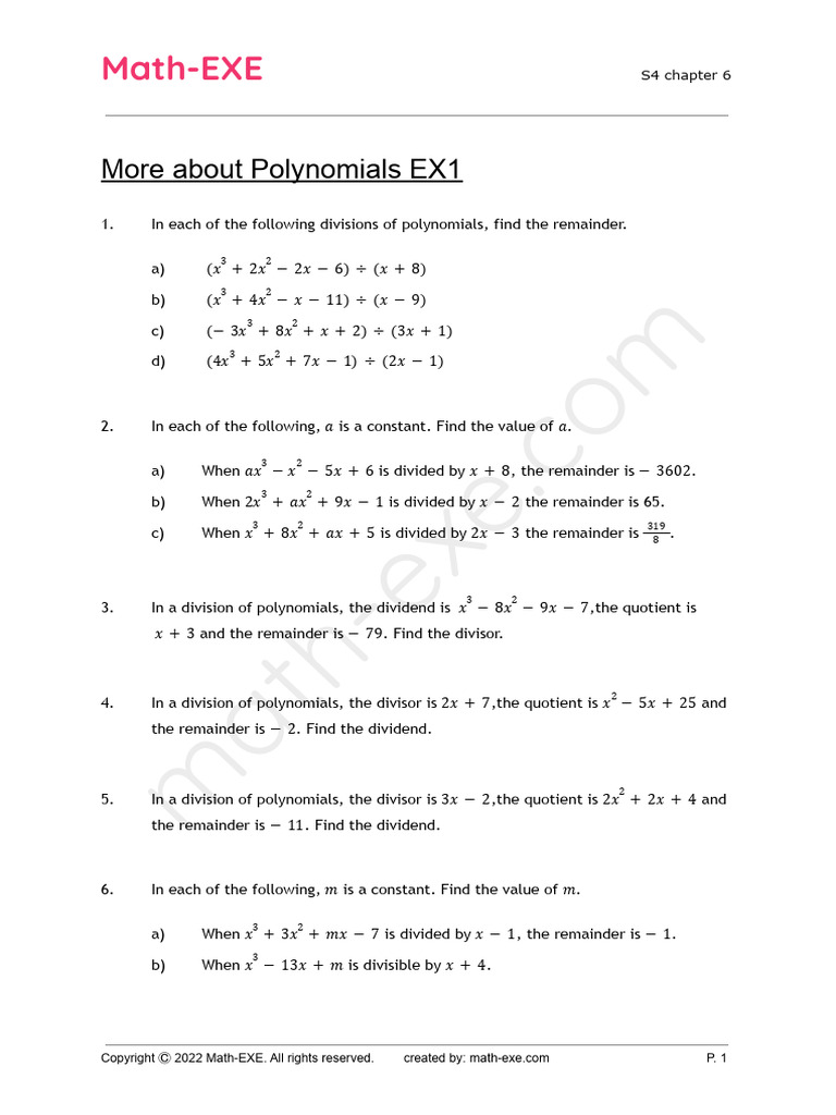 s4 ch6 more about polynomials ex1 eng | PDF | Division (Mathematics) | Arithmetic