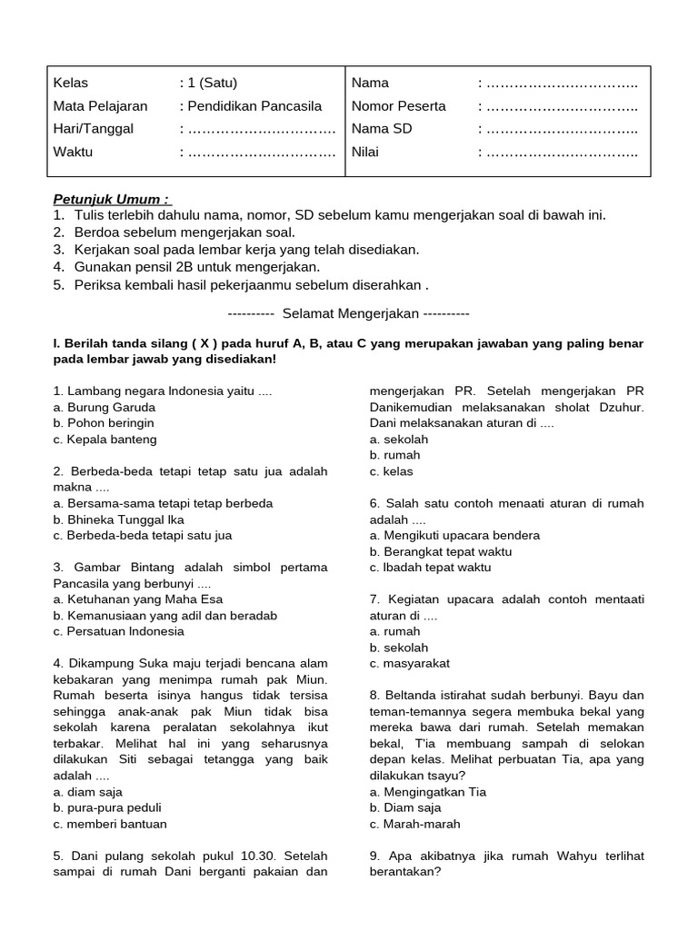 SAS Pendidikan Pancasila Kelas 1 SEM 1 | PDF