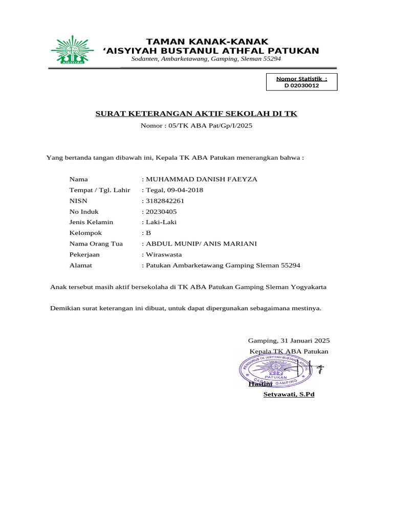 Surat Keterangan Aktif Sekolah | PDF