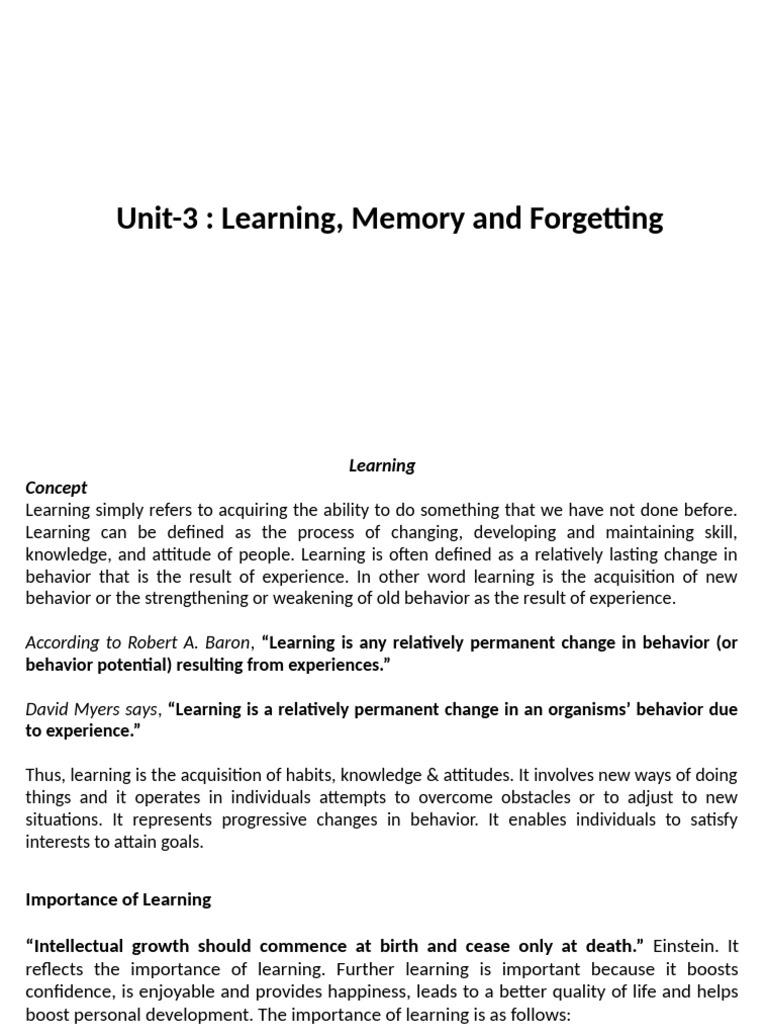 Unit 3 Learning Memory And Forgetting Pdf Learning Behavior Modification