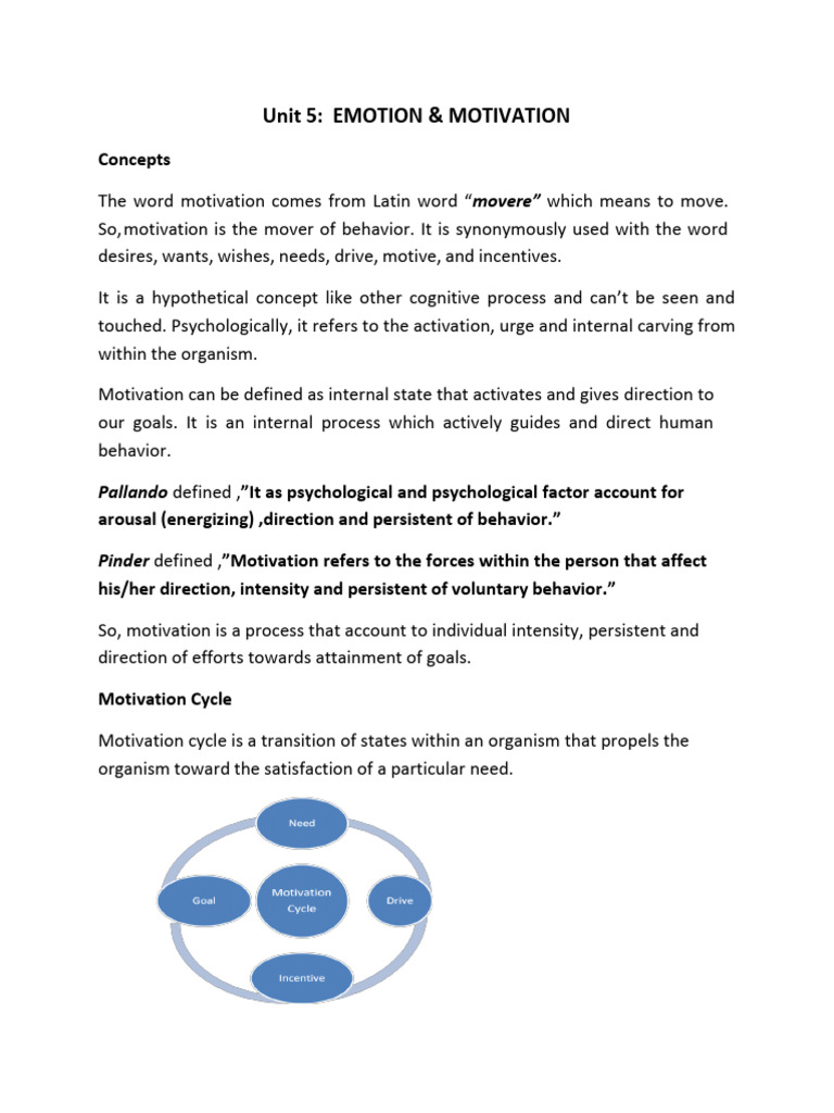 Unit-6 - Motivation, Emotion & Stress | PDF | Emotions | Motivational