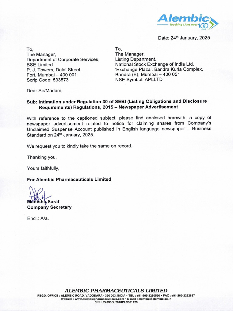 Sub: Intimation Under Regulation 30 of SEBI (Listing Obligations and ...