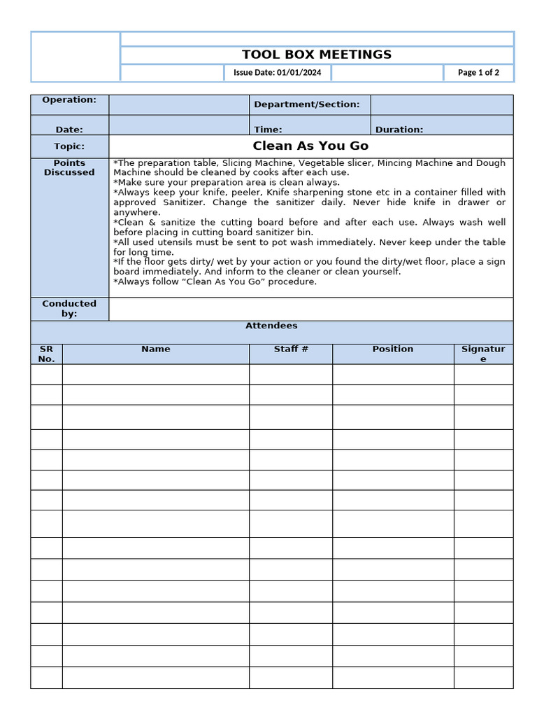 Clean As You Go: Tool Box Meeting Guide | PDF