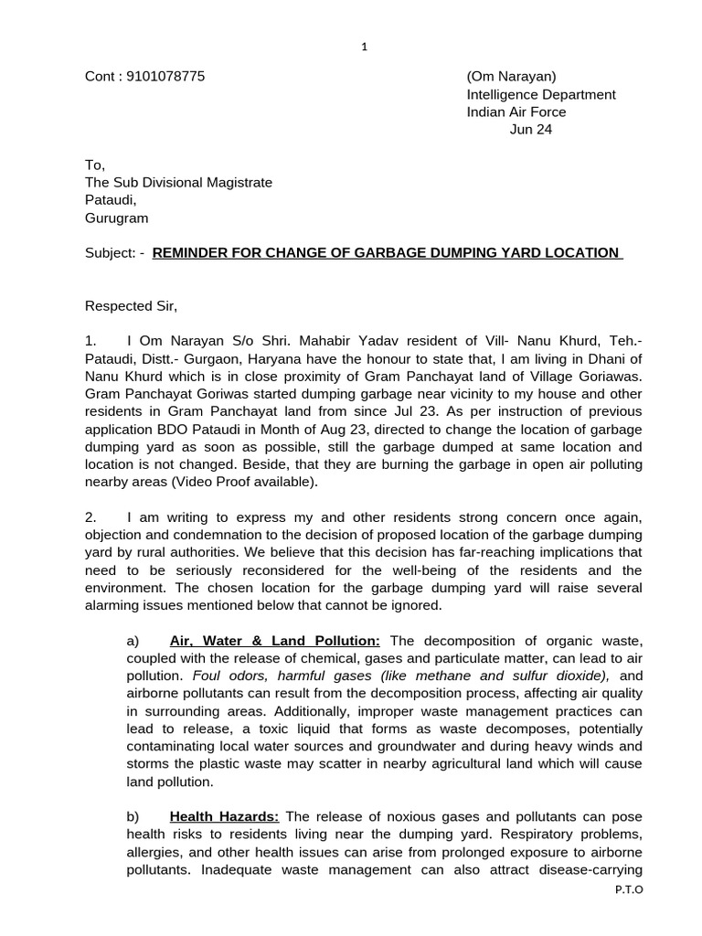 Application to SDM for change of garbage dumping | PDF | Air Pollution ...