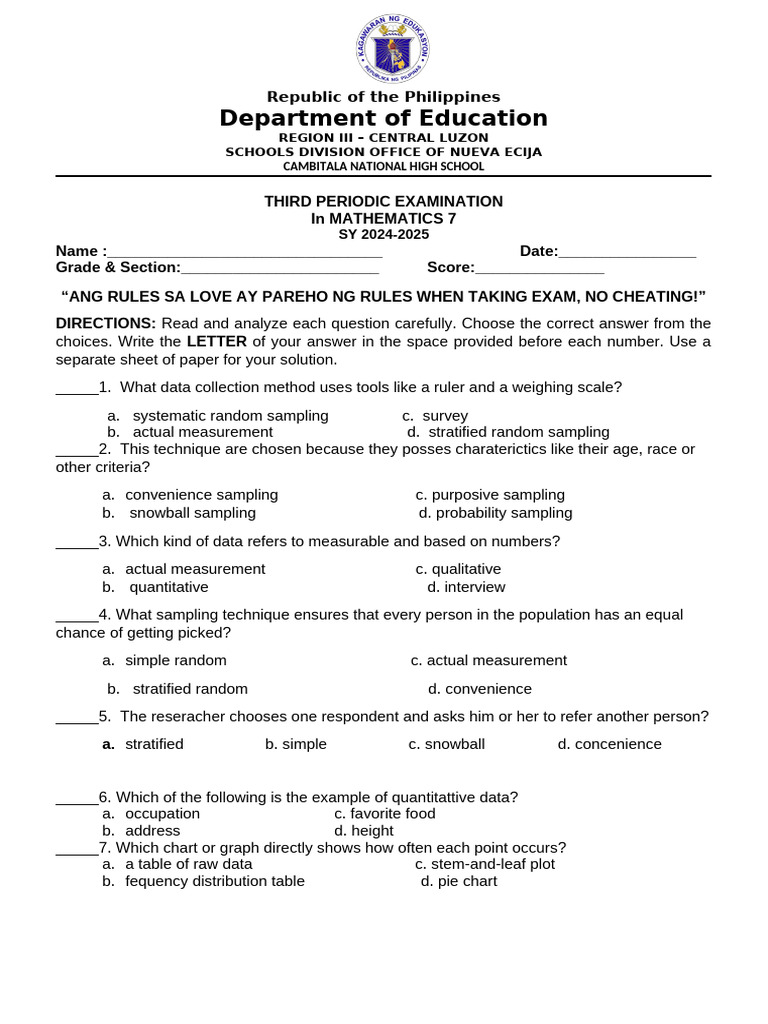 Math 7 Third Periodic Exam Guide | PDF | Sampling (Statistics) | Survey ...