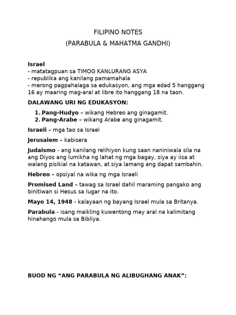 Filipino Notes Parabula Mahatma Gandhi | PDF