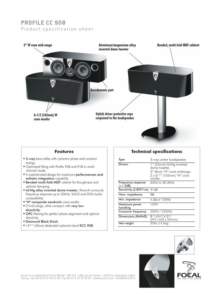 Profile CC 908 - Specification Sheet | PDF | Loudspeaker | Sound Technology
