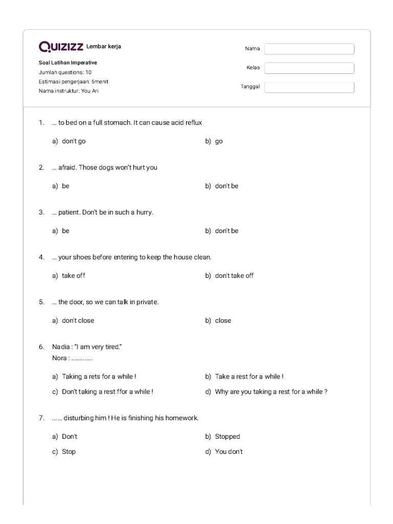Soal Latihan Imperative - Quizizz | PDF