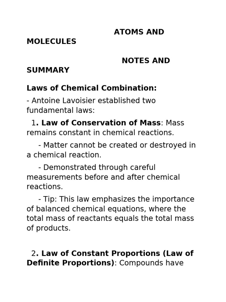 Atoms and Molecules Notes and Summary | PDF | Mole (Unit) | Chemistry